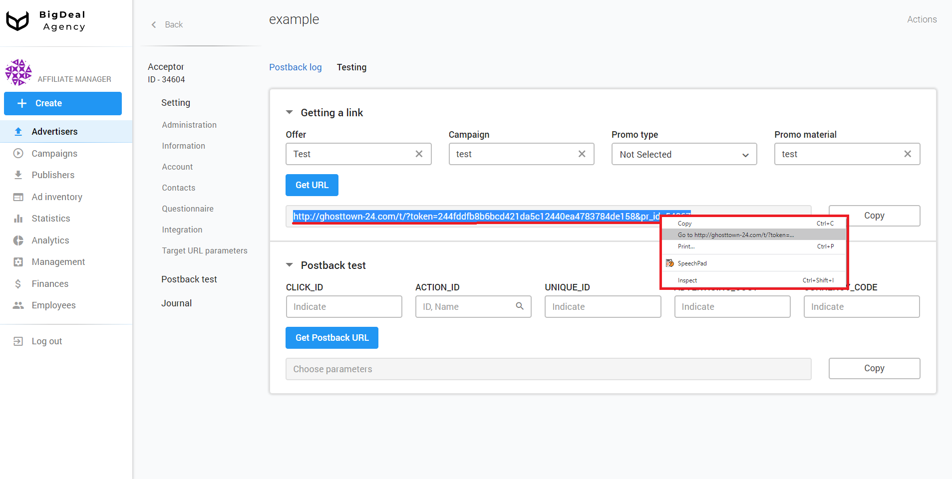 Integrate MANAGED Advertiser via Postback URL - Salematics