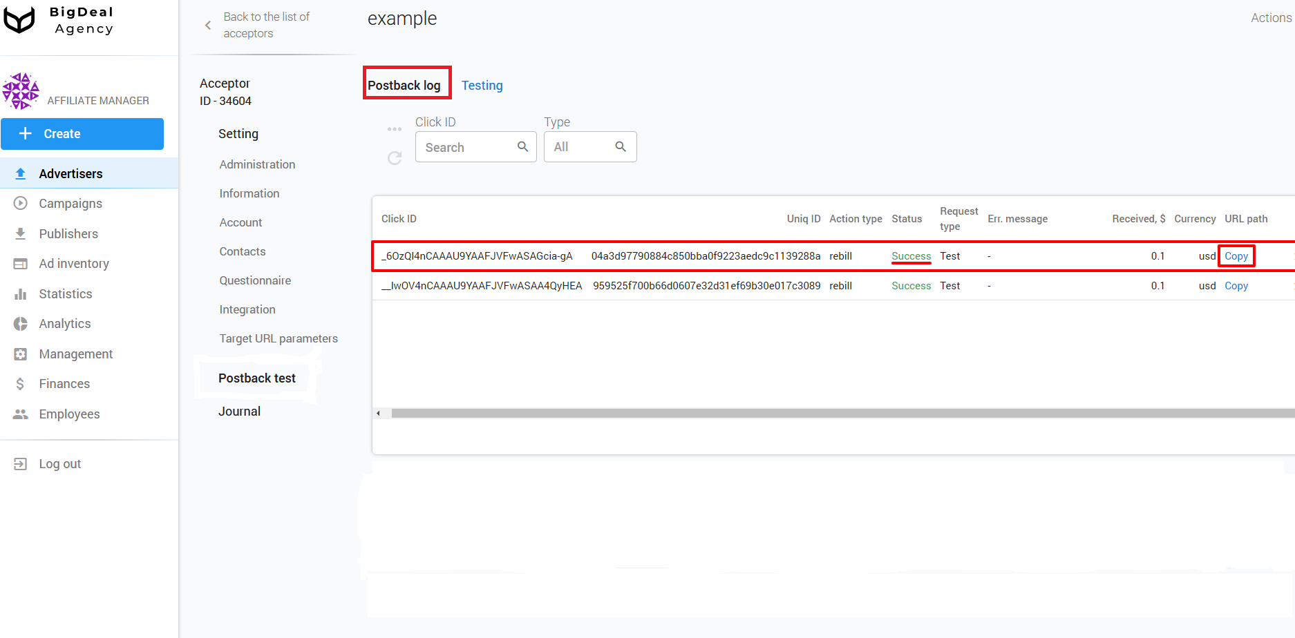 Integrate MANAGED Advertiser via Postback URL - Salematics