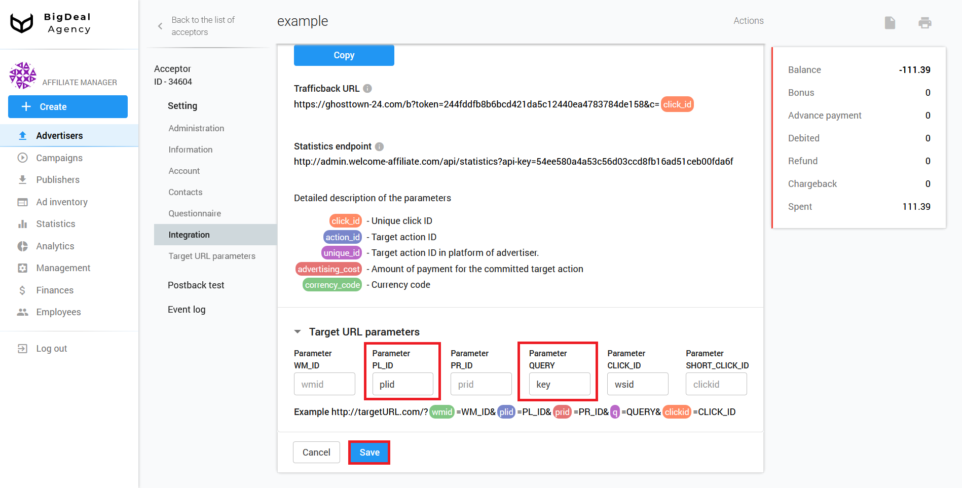 Integrate MANAGED Advertiser via Postback URL - Salematics